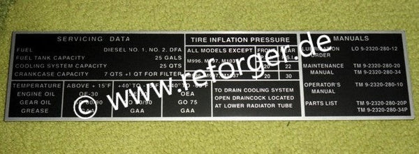 HMMWV M998 Vehicle Servicing Data Plate – Reforger Military Online Store