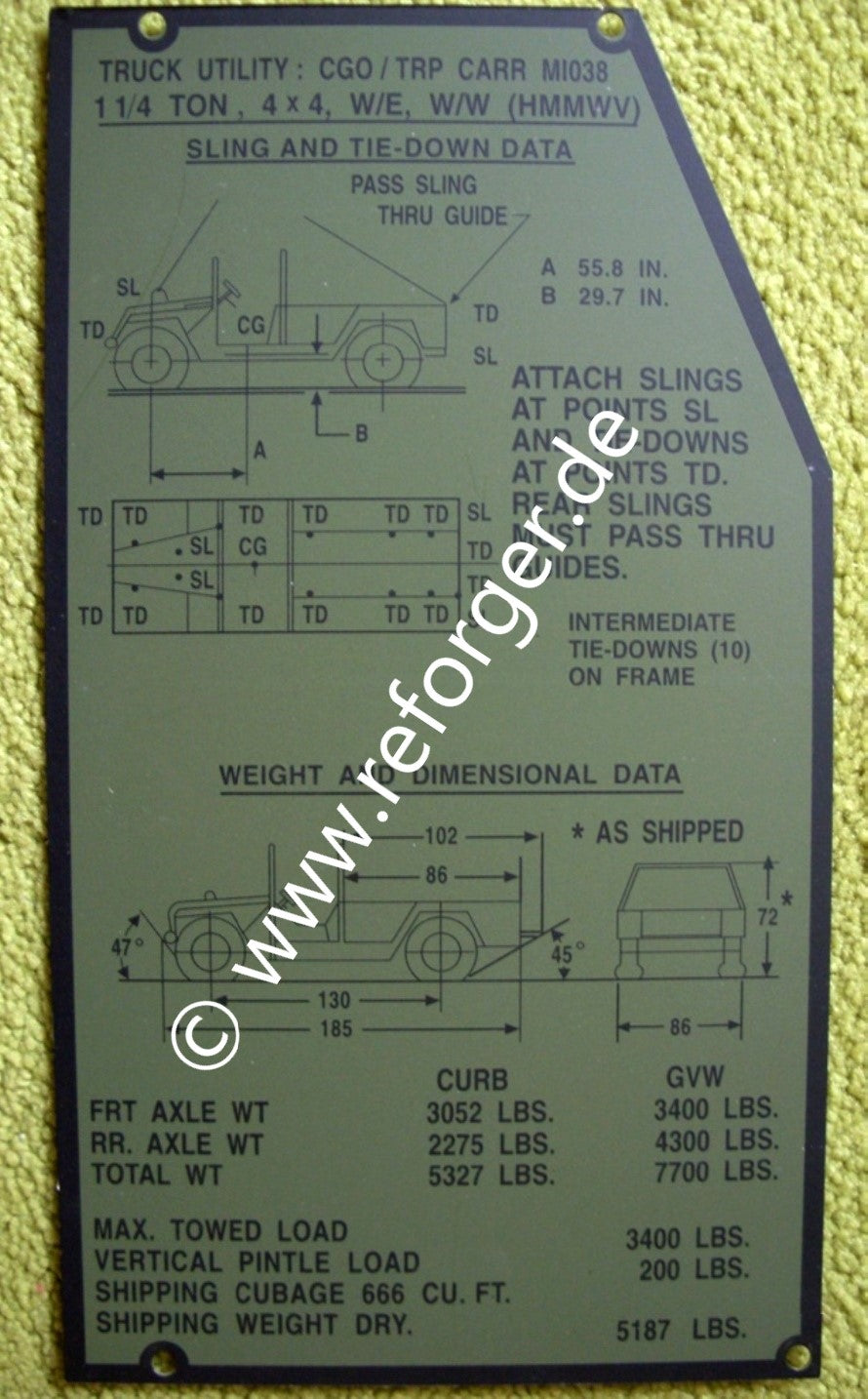 M-1038 HMMWV Truck Data Plate – Reforger Military Online Store