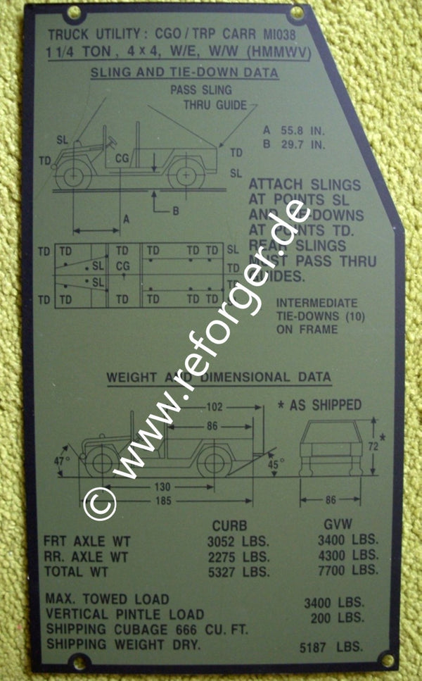 M1038 HMMWV "Weight And Dimensional" Data Plate – Reforger Military ...